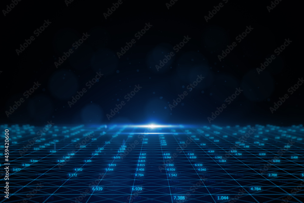 Abstract glowing blue cyber big data background with dark mock up place ...