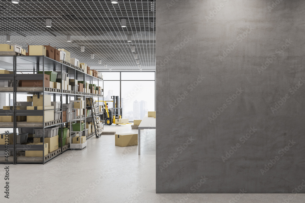 Contemporary warehouse interior with empty mock up place on wall, racks ...