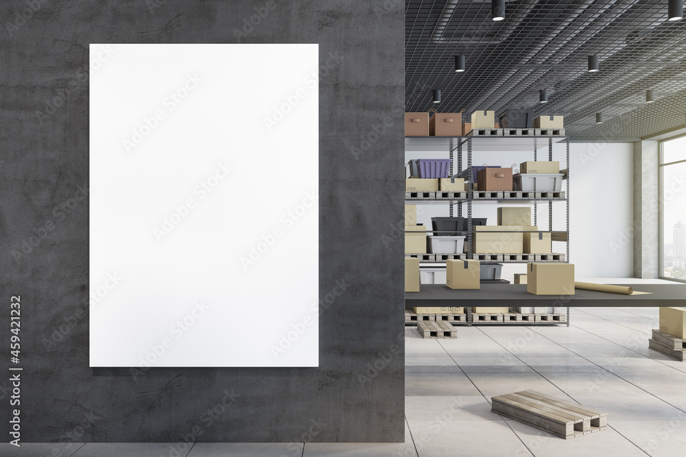 Modern warehouse interior with empty mock up frame on wall, racks ...
