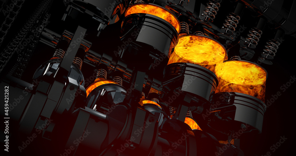 Close Up V8 Engine With Sparks, Explosions And Flames. Machines And ...