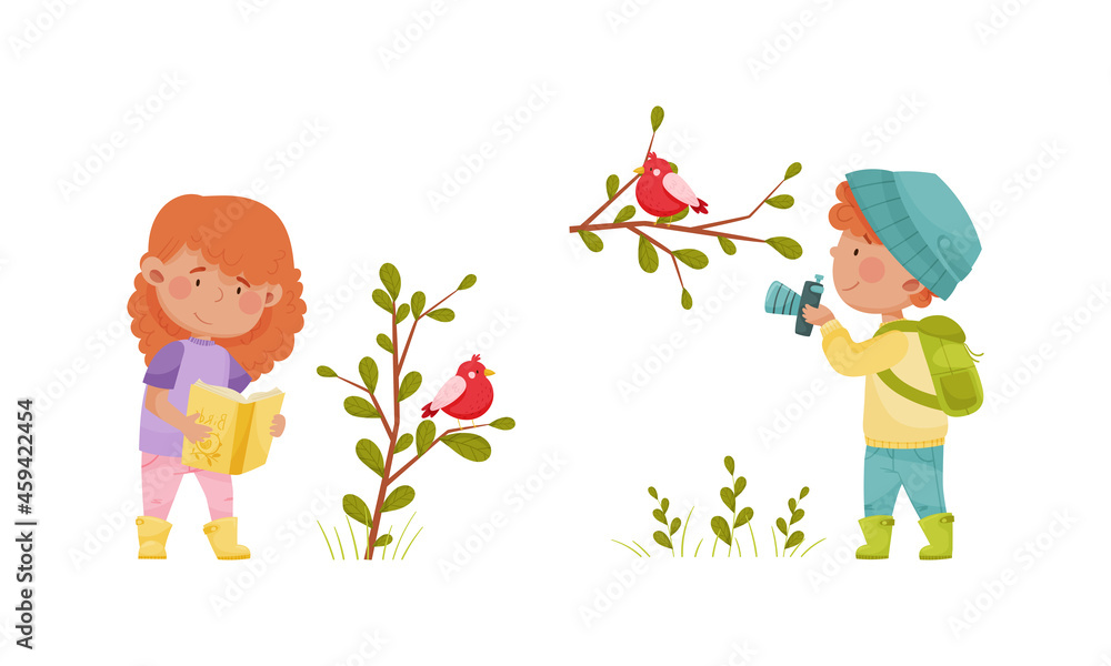 Cute kids exploring birds in forest or park set. Nature lovers ...