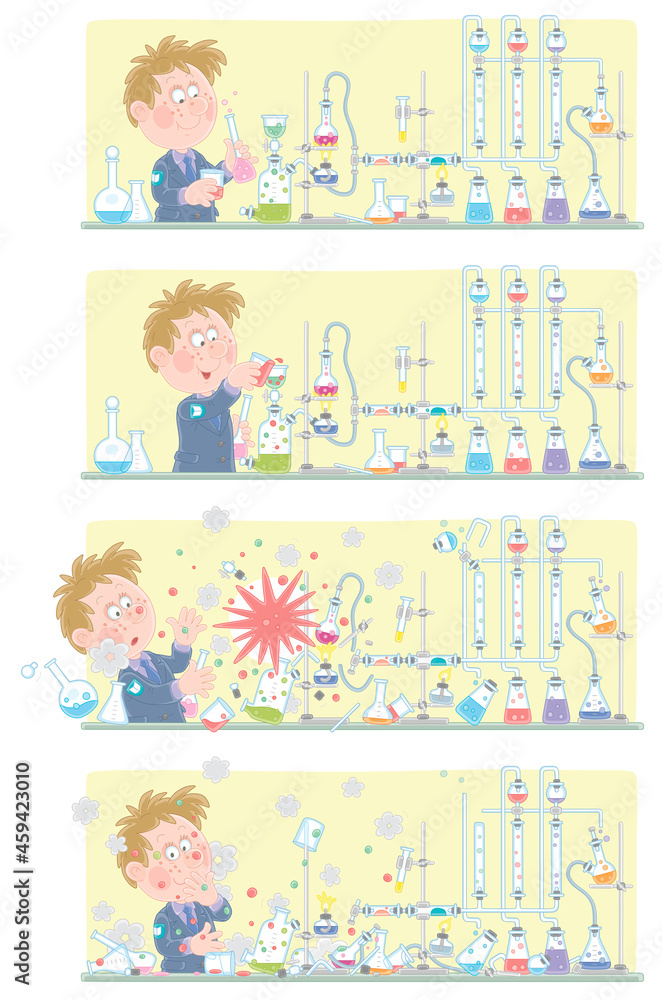 Comic strip of a funny schoolboy with a big scientific idea making an ...
