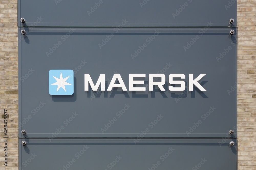 Tilst, Denmark - April 18, 2021: Maersk logo on a building. Maersk ...