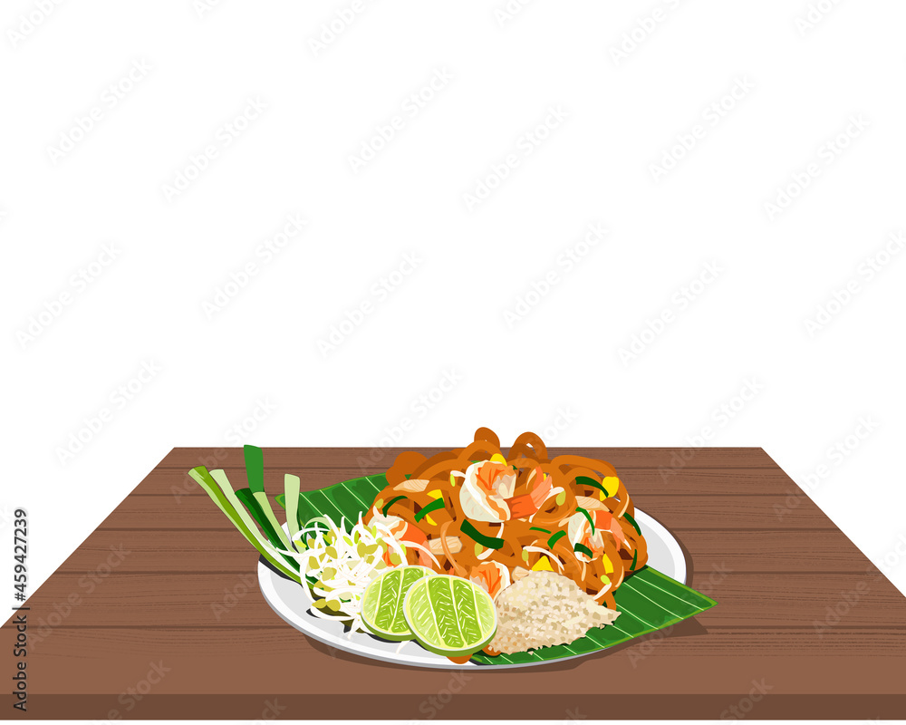 Isolated Pad Thai on wooden table, Thai noodles fried with shrimp, eggs ...