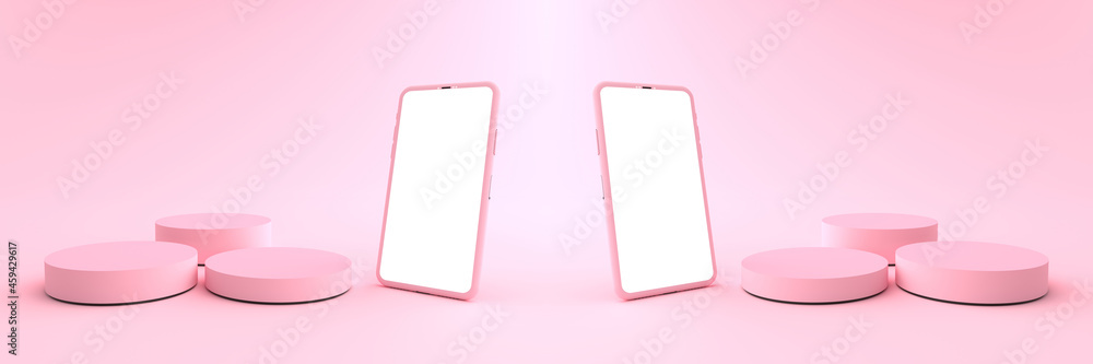 3D rendering of Pink smartphone white screen side round pink pedestal ...