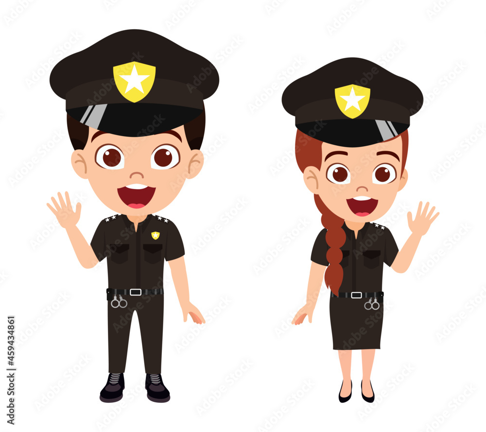 Happy cute beautiful kid boy and girl police character standing and ...