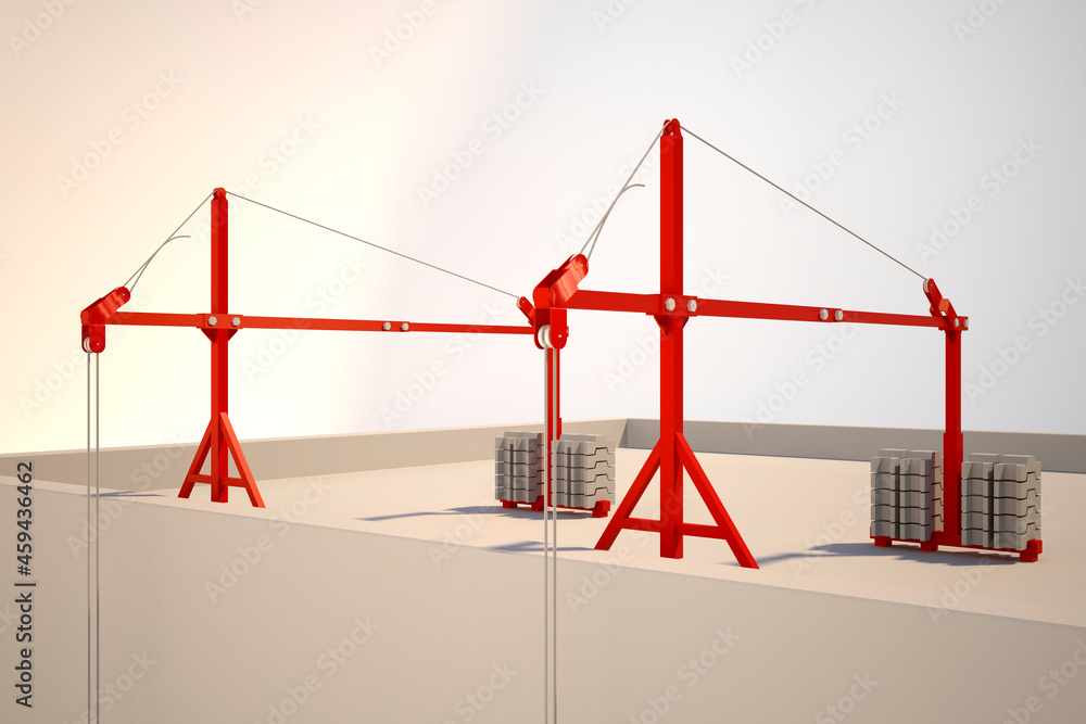 3D image, 3D rendering suspended platform console facade lift in red on ...