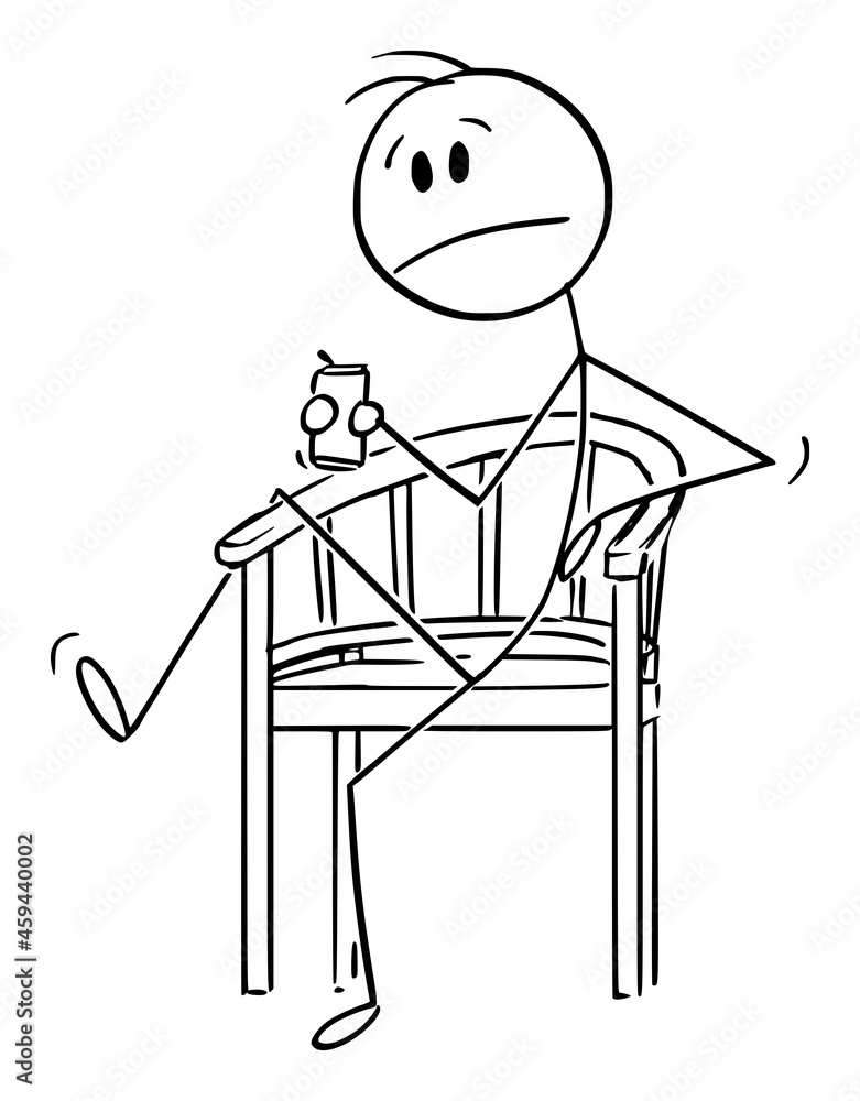 Unhappy Person Sitting in Garden Chair Drinking Beer, Vector Cartoon ...