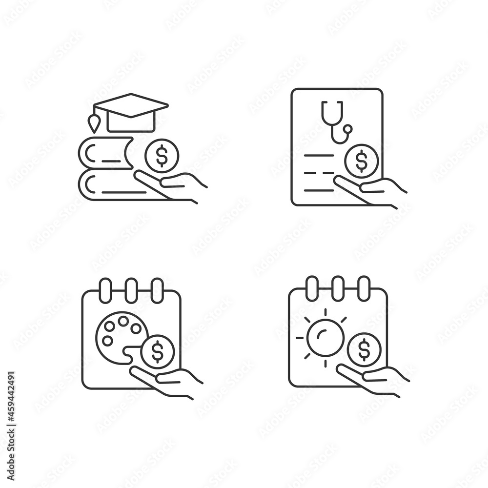 Workplace wellbeing benefits linear icons set. Tuition reimbursement ...