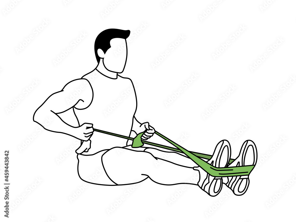 Man training, seated rowing with an elastic band. Fitness excercise ...