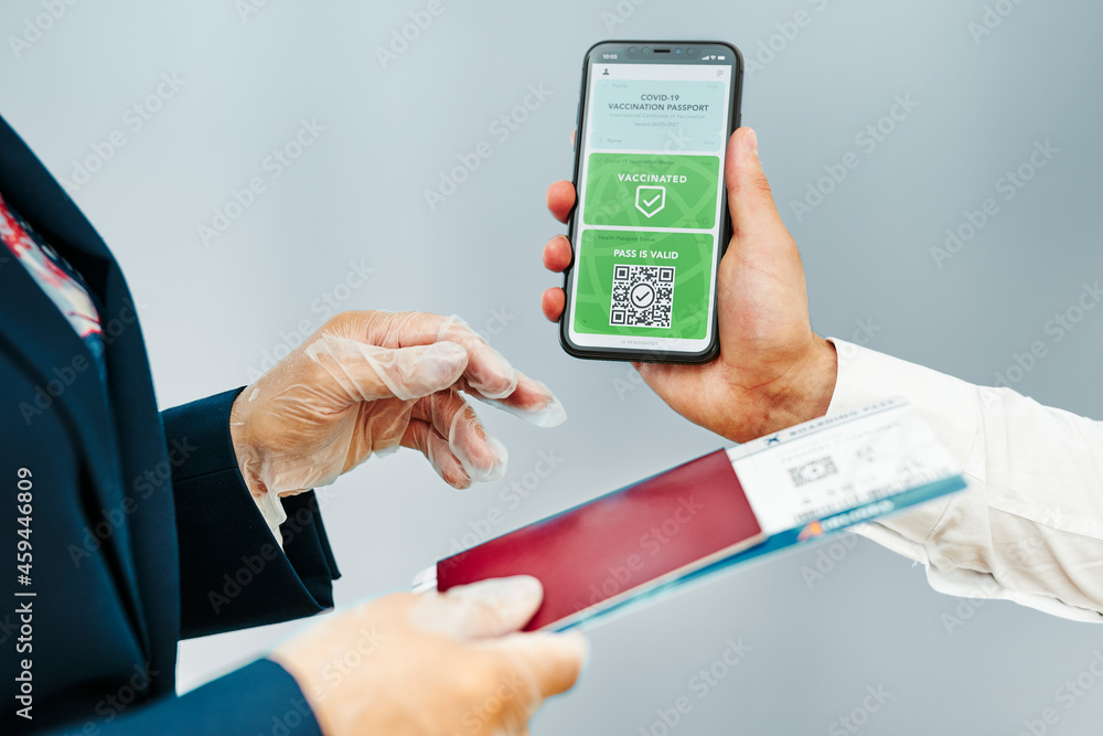 Digital covid certificate. Covid vaccination digital pass. Woman ...