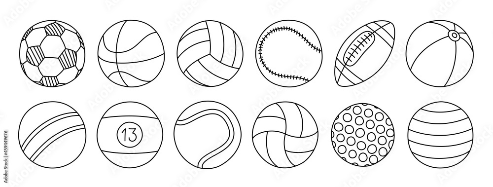 Sports ball line sketch set. Black doodle outline icon. Vector freehand ...