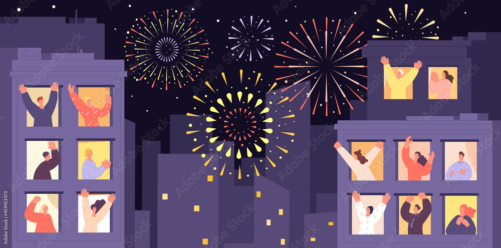 Party celebration from home. Holiday city night, people standing in ...