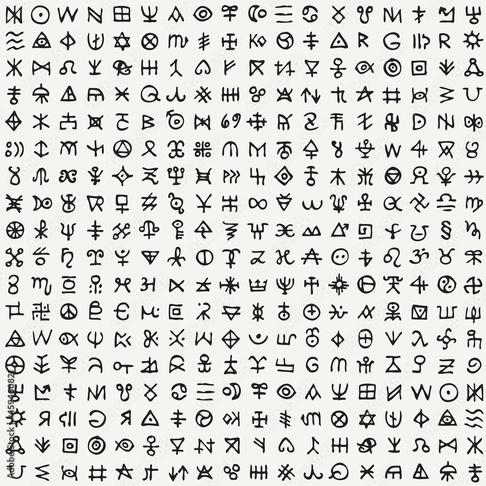 Abstract seamless pattern with occult signs and magical runes. Vector background with black ...