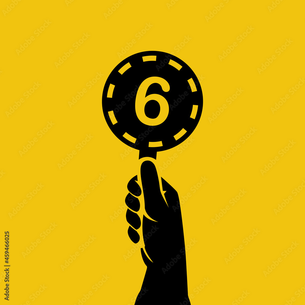 Score card 6. Number table. Digit rating on a scorecard. Human hand ...