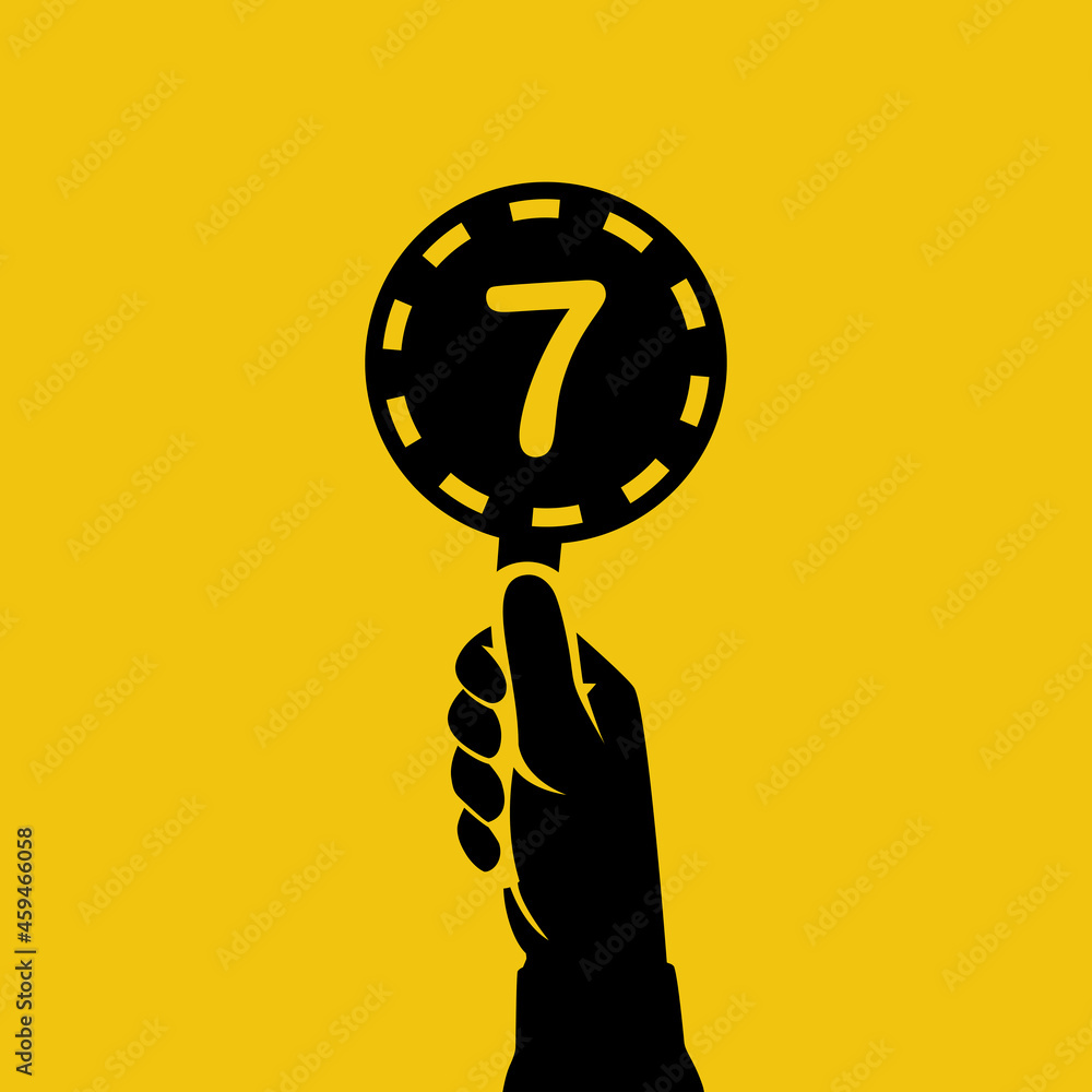 Score card 7. Number table. Digit rating on a scorecard. Human hand ...