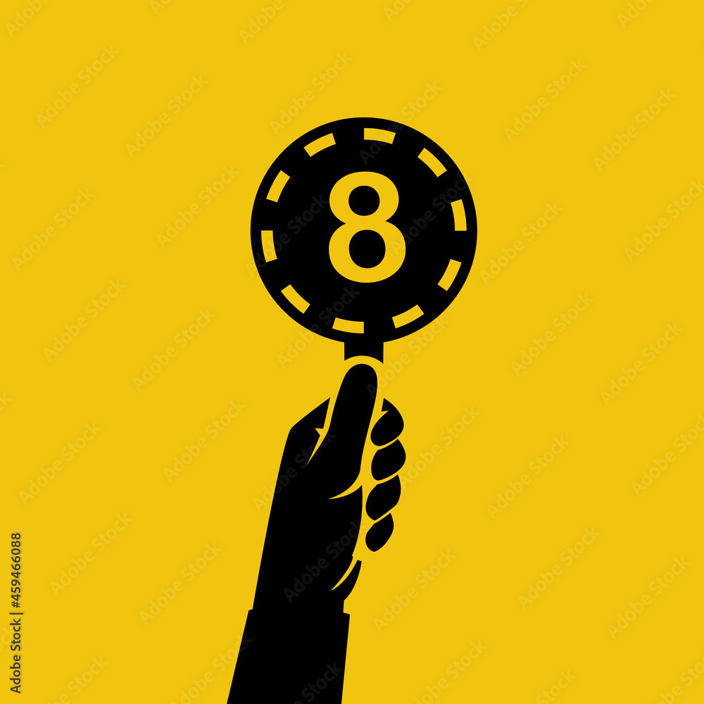 Score card 8. Number table. Digit rating on a scorecard. Human hand ...