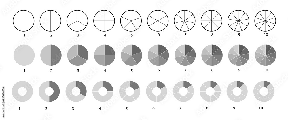Big set, of wheel diagrams isolated on a white background. Segmented ...