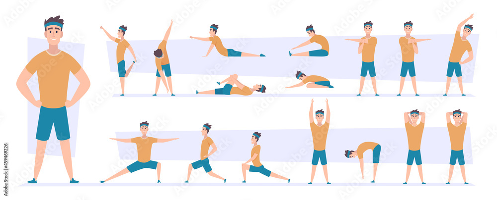 Sport stretching. Muscles flexibility poses workout movements action ...