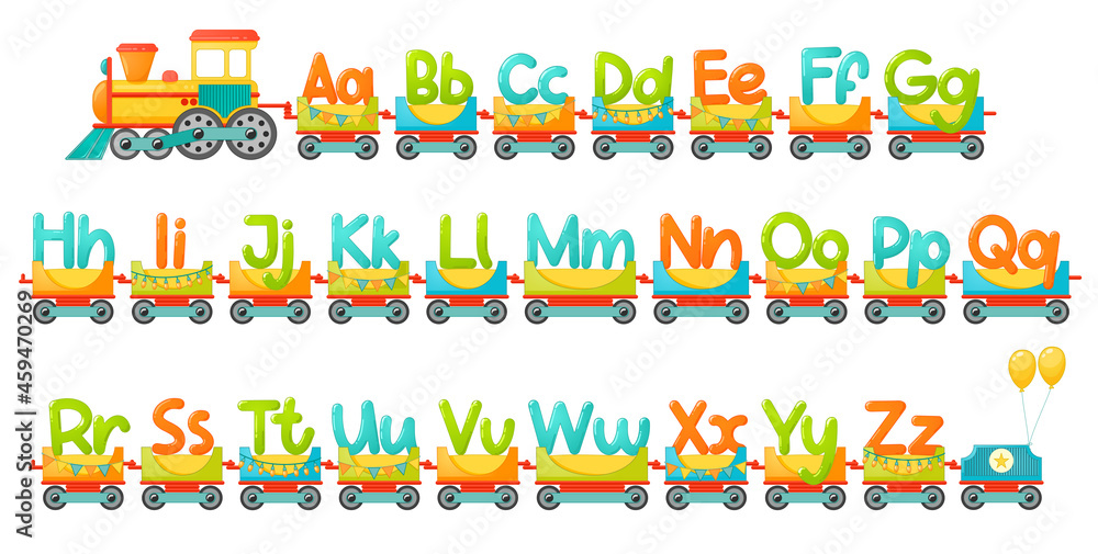 Train alphabet for kid in cartoon style. Vector ABC letters for ...