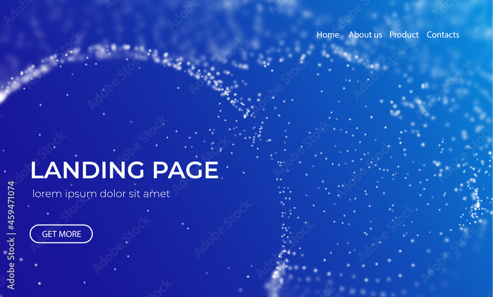 Abstract landing page background with blue particles. Flow wave with ...