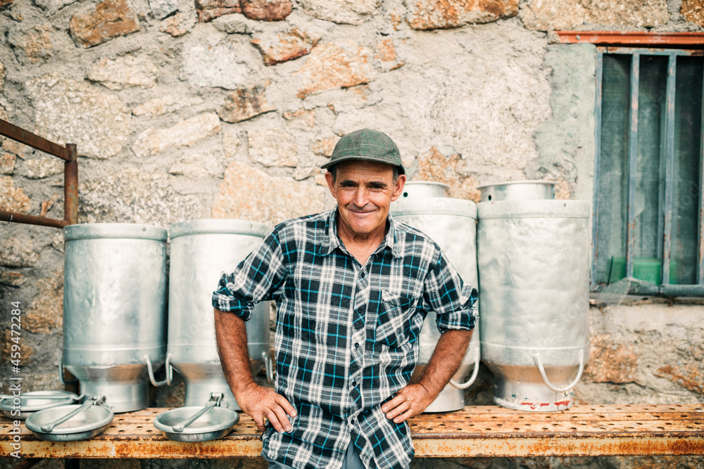 Smiling male goat herder standing with hands on hip in front of milk ...