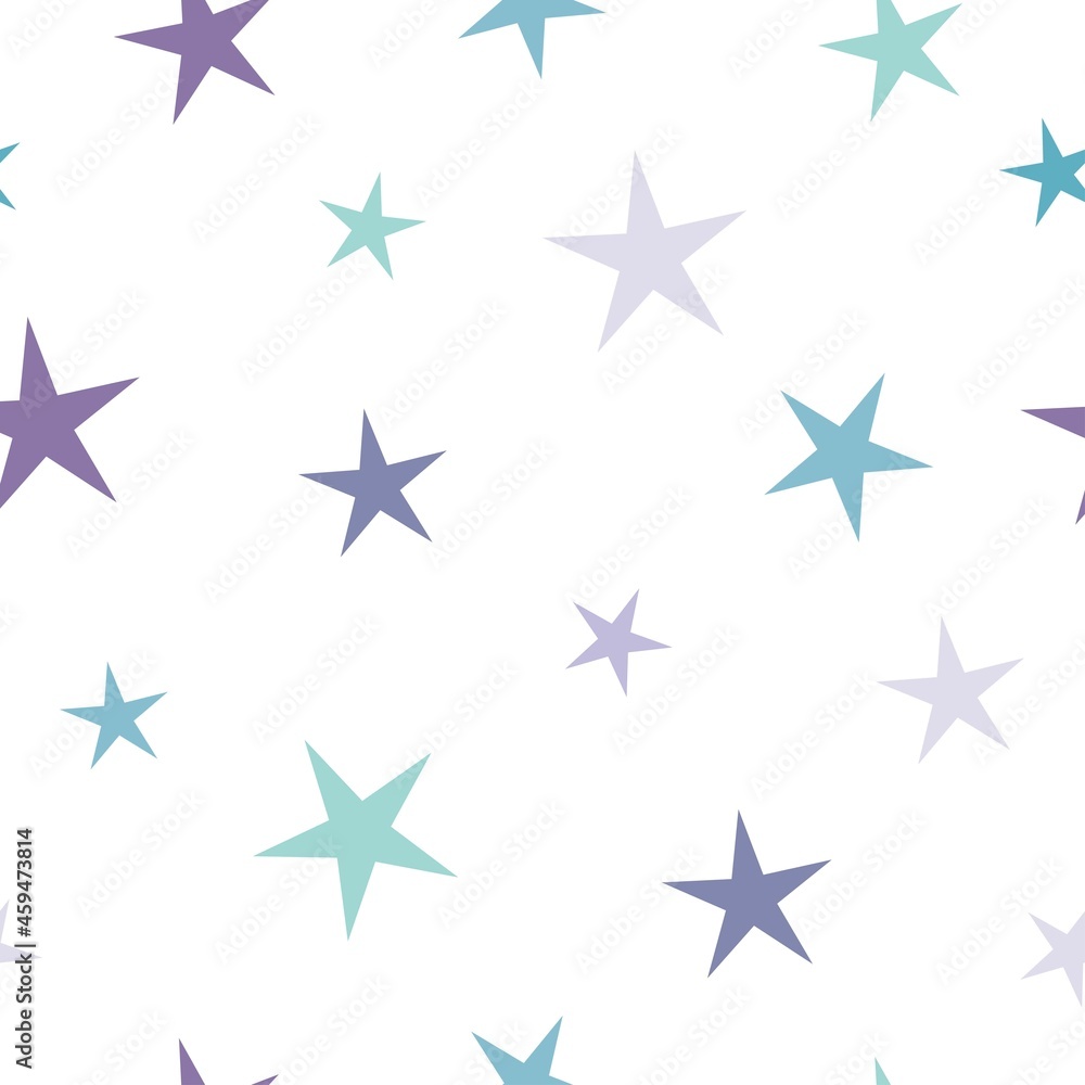 Seamless cute pattern with blue and violet stars on white background ...