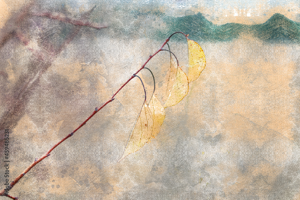 Yellow leaves on a thin red branch. Five autumn leaves of a tree. Side ...