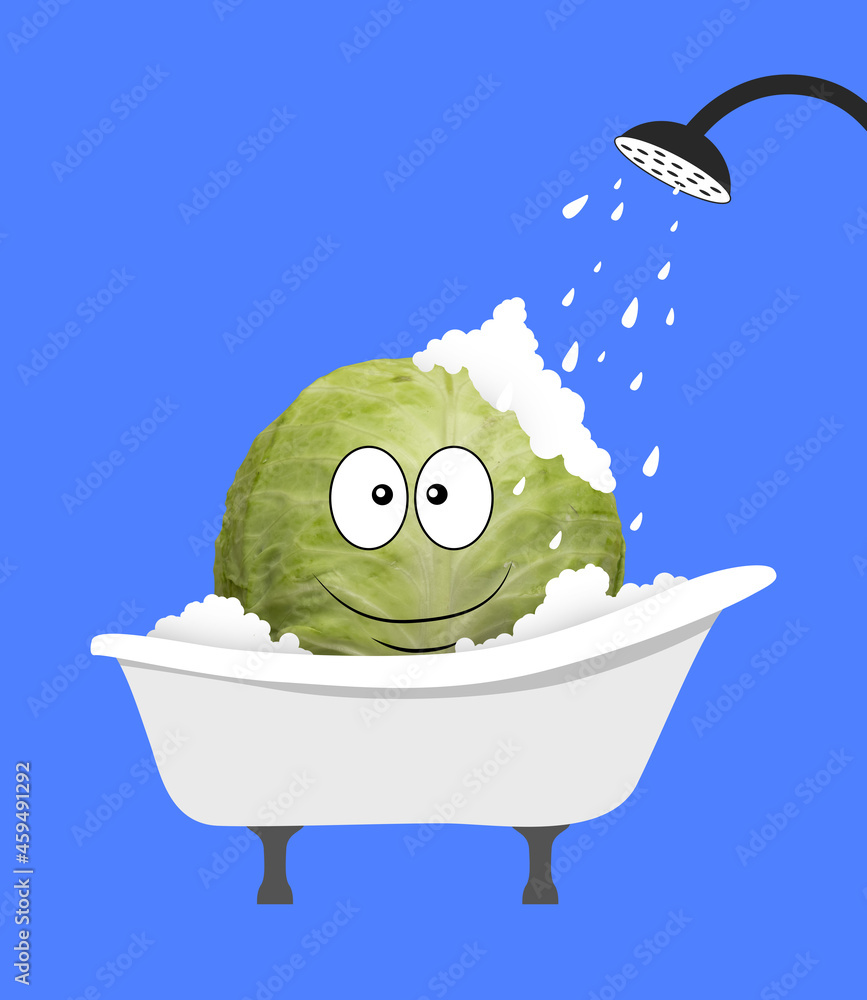 Contemporary art collage. Cute happy pleased cabbage taking bath with ...