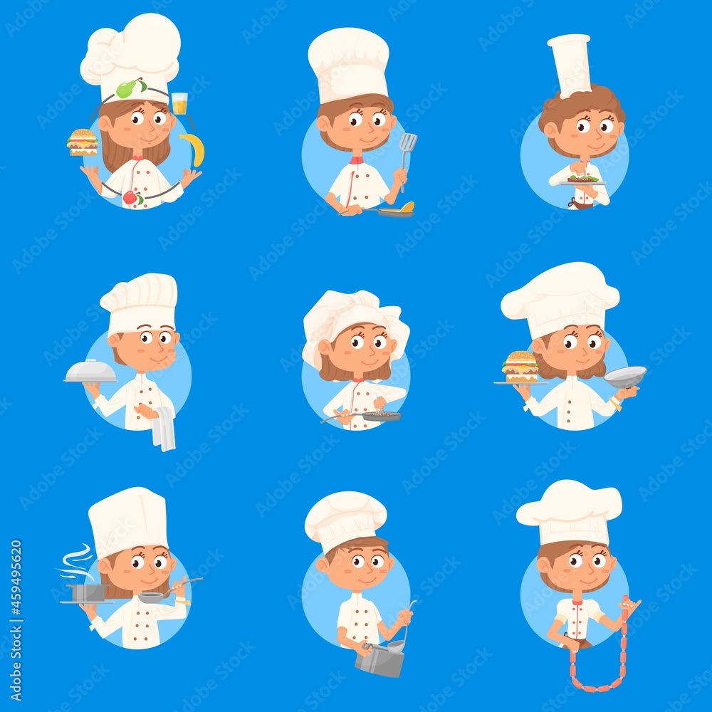 Happy kids chefs. Children cook, food preparation people. Child with ...