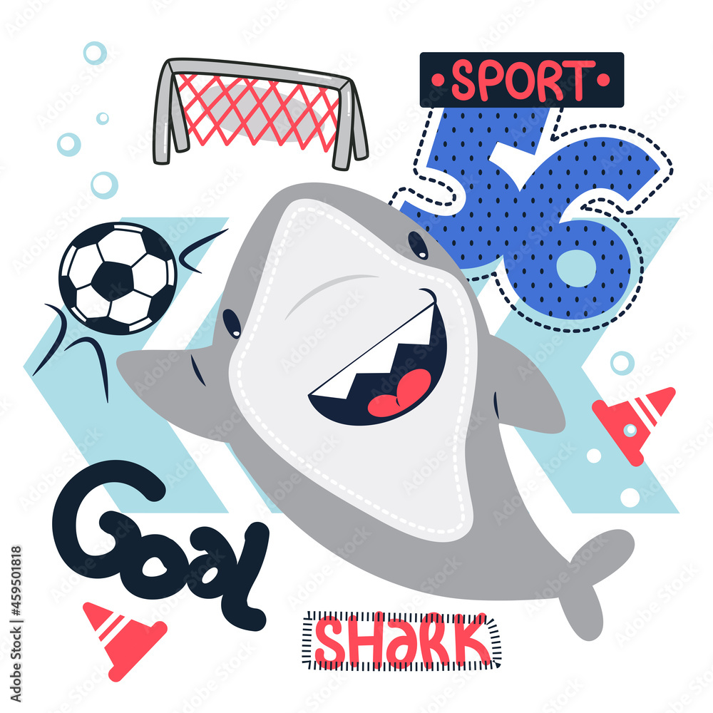 Cute cartoon shark goalkeeper jumping to catch a soccer ball isolated ...