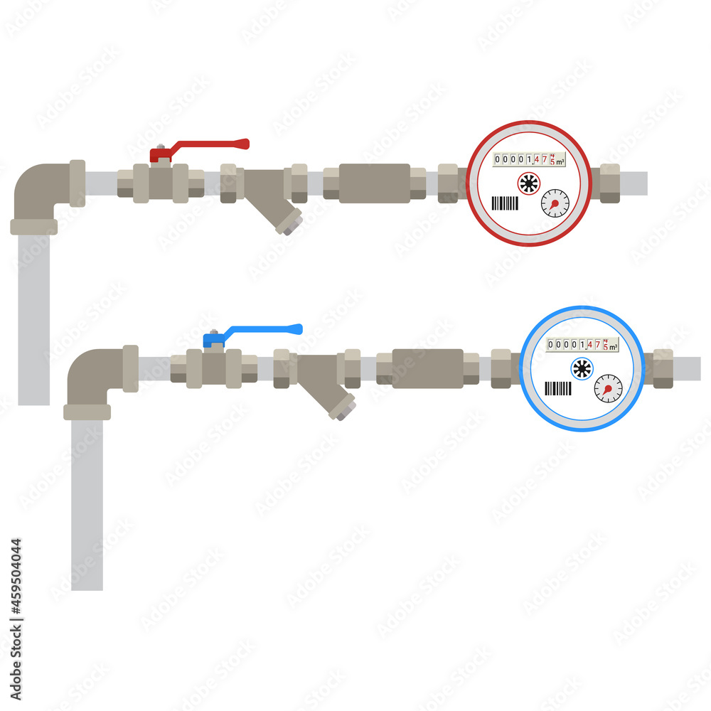 Connecting hot and cold water meters. Connection diagram. Flat style ...