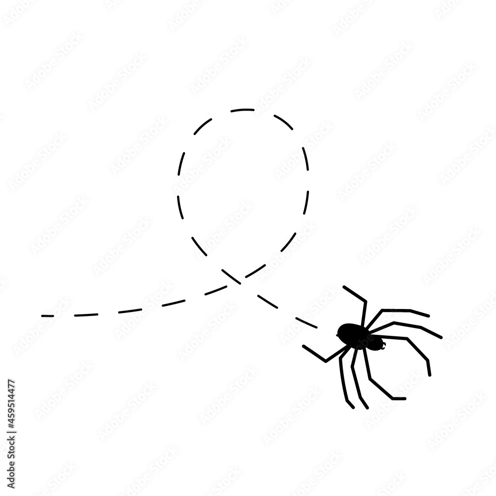 Spider on a dotted line route. Animal black silhouette. Vector isolated ...