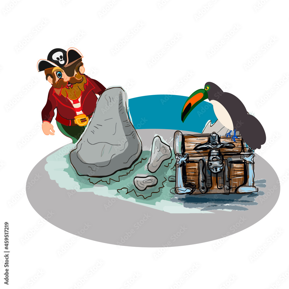 Cartoon pirate set,Island with treasury and characters, prints or ...