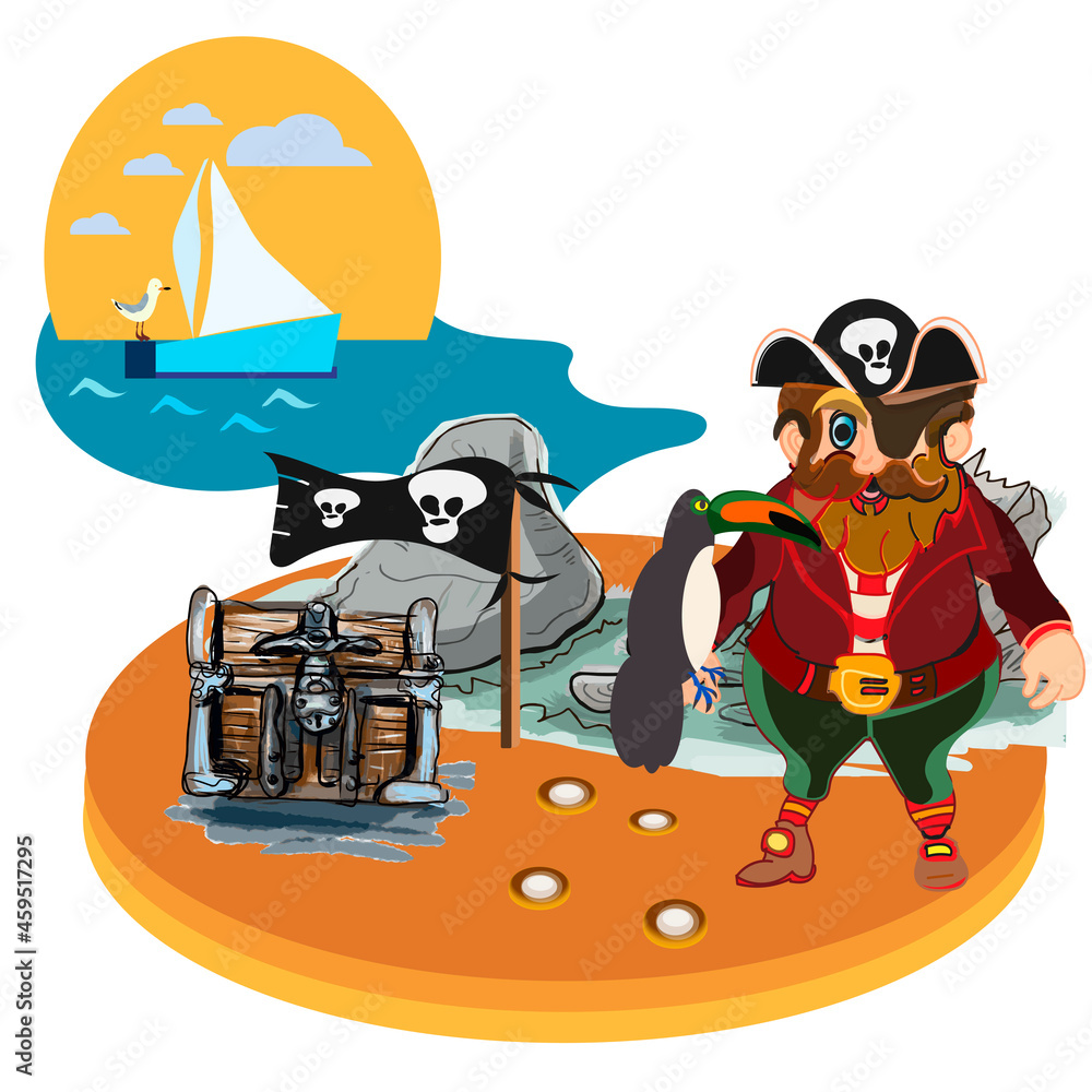 Cartoon pirate set,Island with treasury and characters, prints or ...