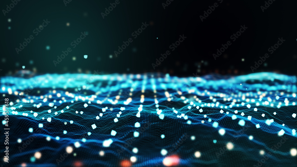 Abstract dark green digital particle wave and light background ...