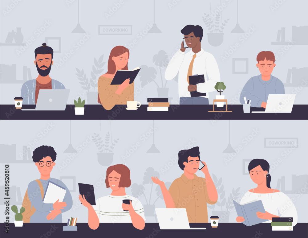 Business people team work together, team in coworking center set vector ...
