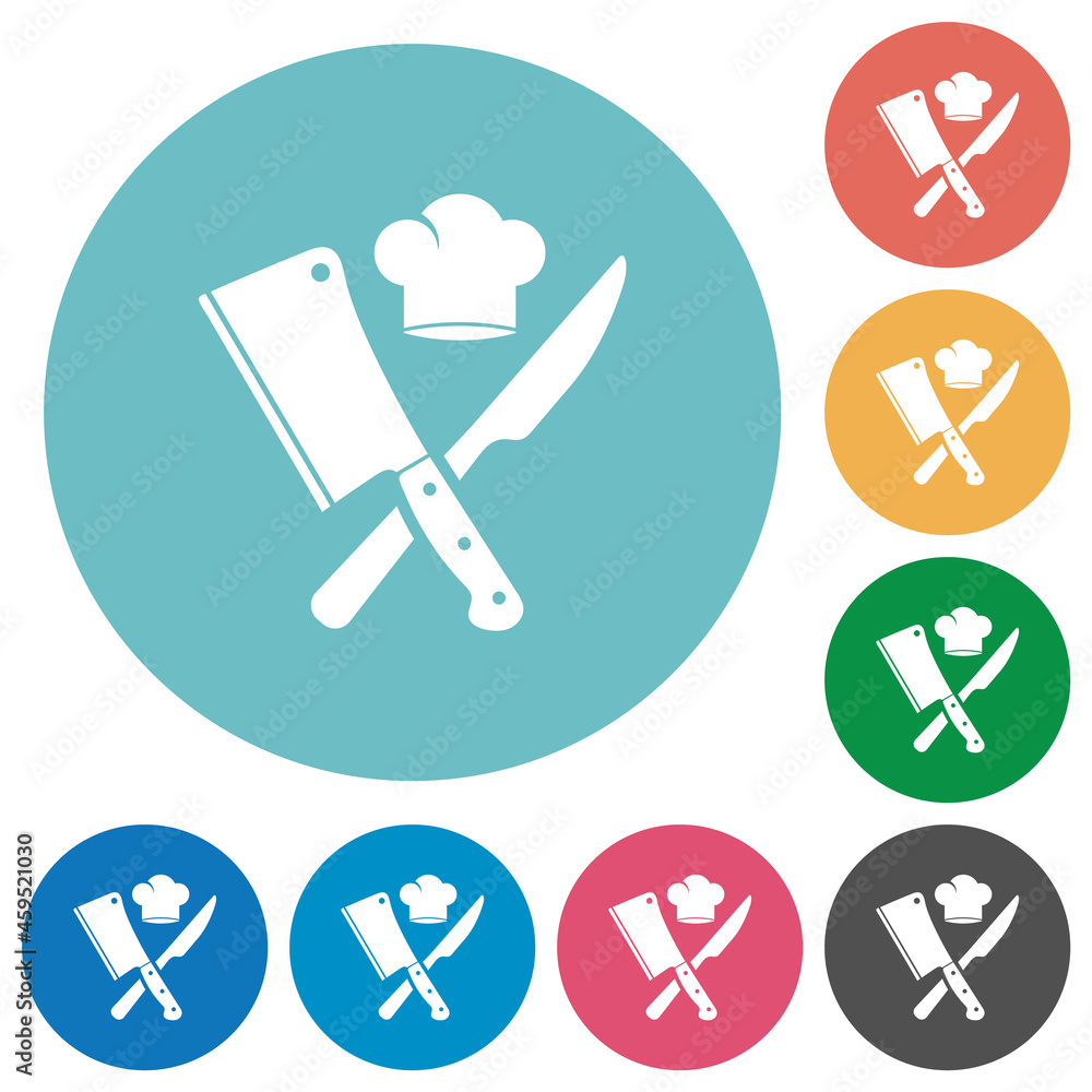 Crossed meat cleaver and knife with chef hat flat round icons Stock ...