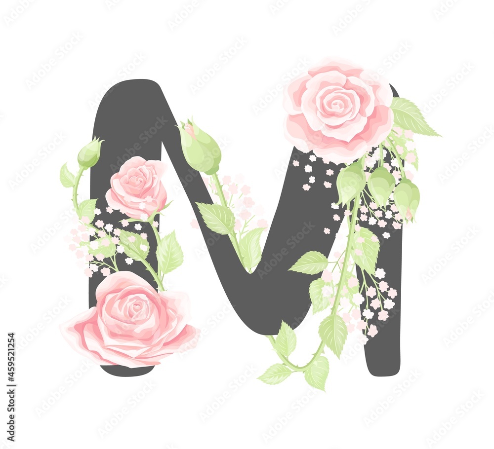 Vector floral alphabet letter M with pink cream rose flowers and green ...