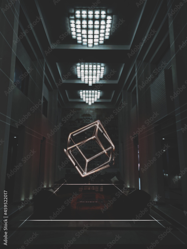 digital illustration of a cuboid floating in a building interior with ...
