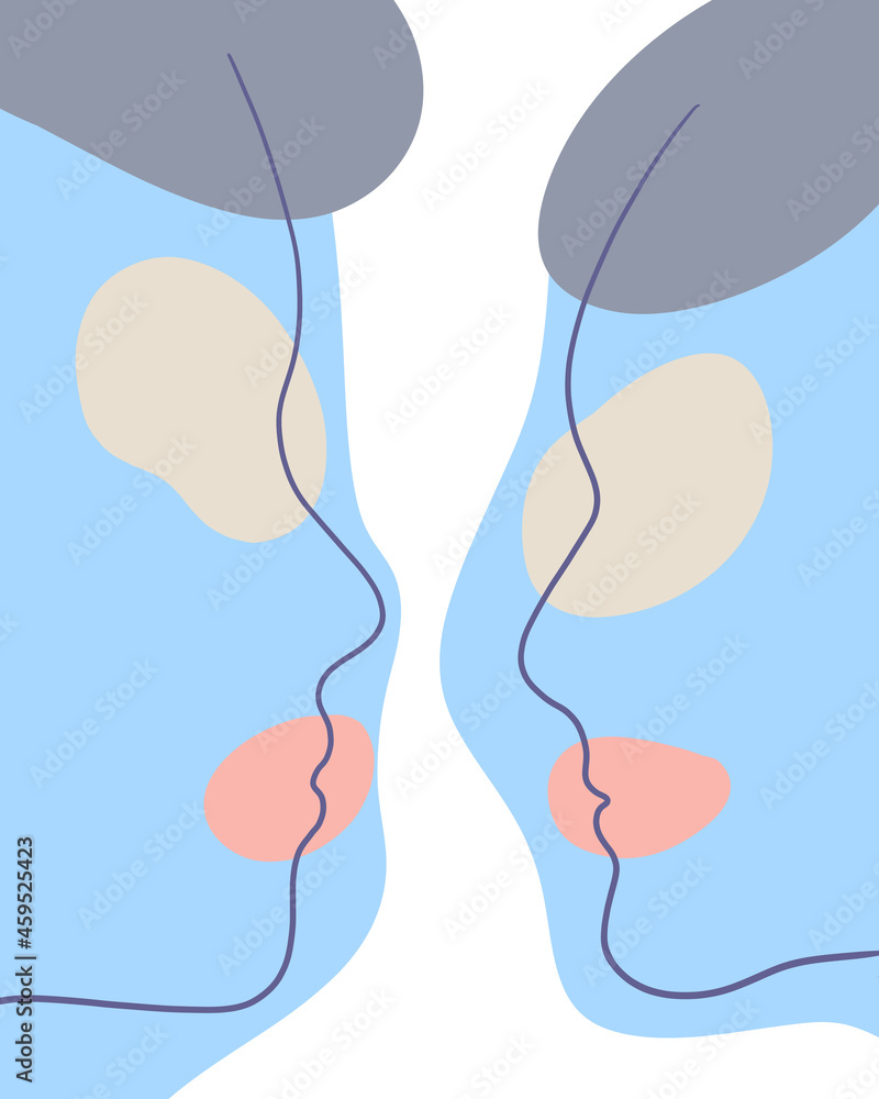 Line art two faces surreal abstract blue human face of men or women ...
