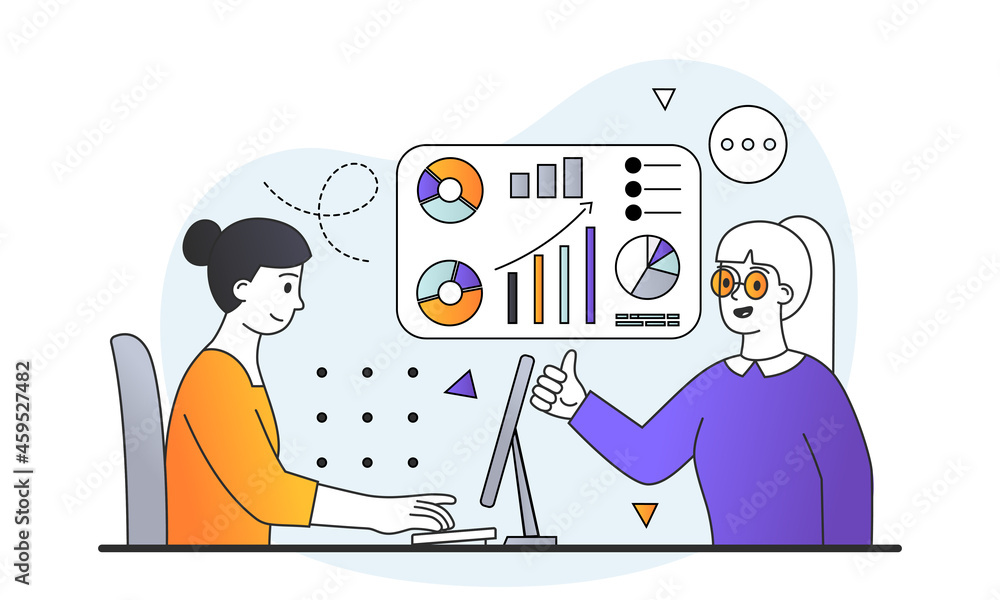 Woman works with statistical data. Female character manages complex ...