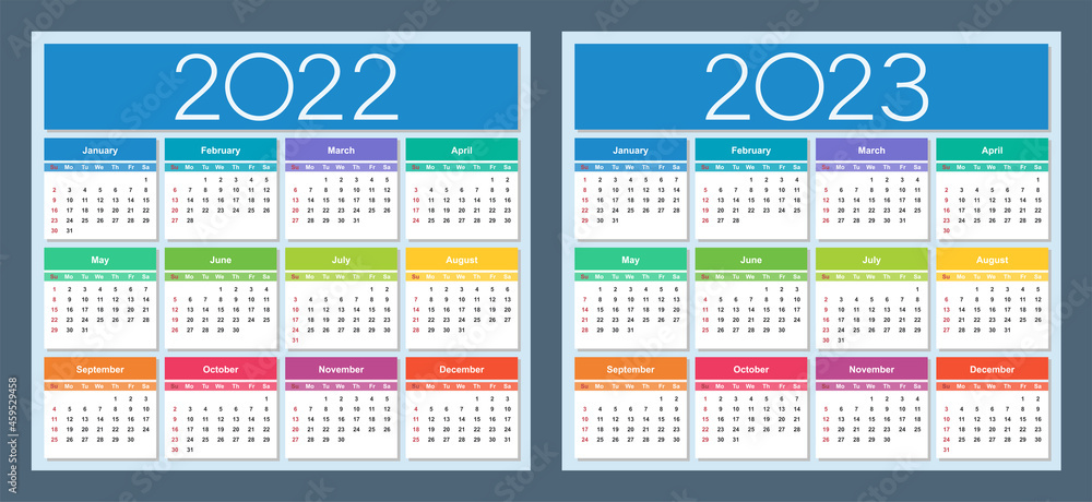 Colorful calendar for 2022 and 2023 years. Week starts on Sunday ...