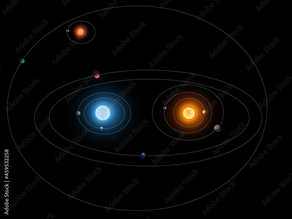 System of three different stars: a blue star, a sun-like star and a red ...