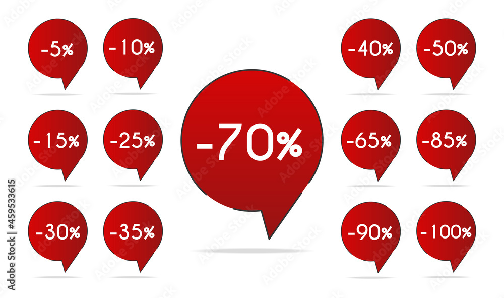 Set of red sale tags speech bubble with different discount numbers on ...