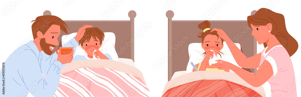 Sick child lying in bed at home bedroom, childhood disease illness set ...