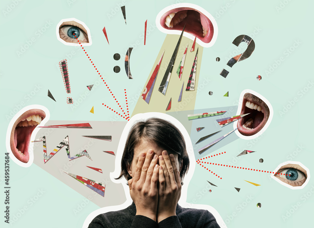 Foto de Collage with a woman covering her face and screaming mouths ...