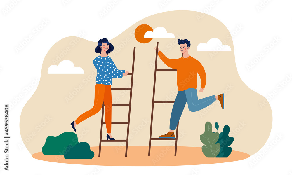 Male and female character are taking small steps for big achievements ...