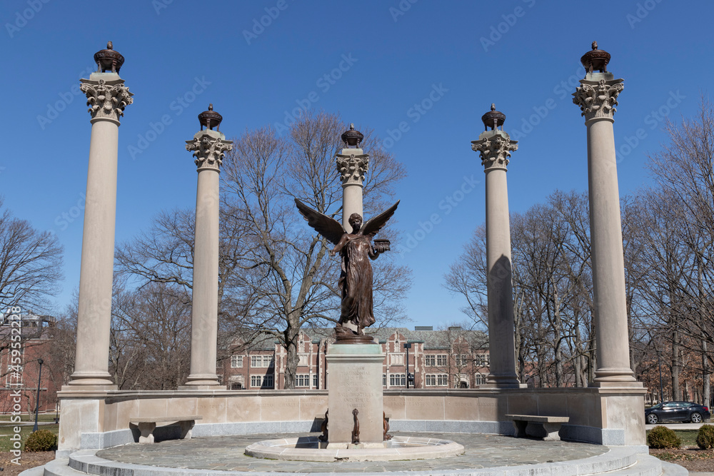 Beneficence statue on the campus of Ball State University. The five ...