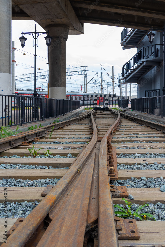Track in a railway siding at a points junction. Railway tracks and ...